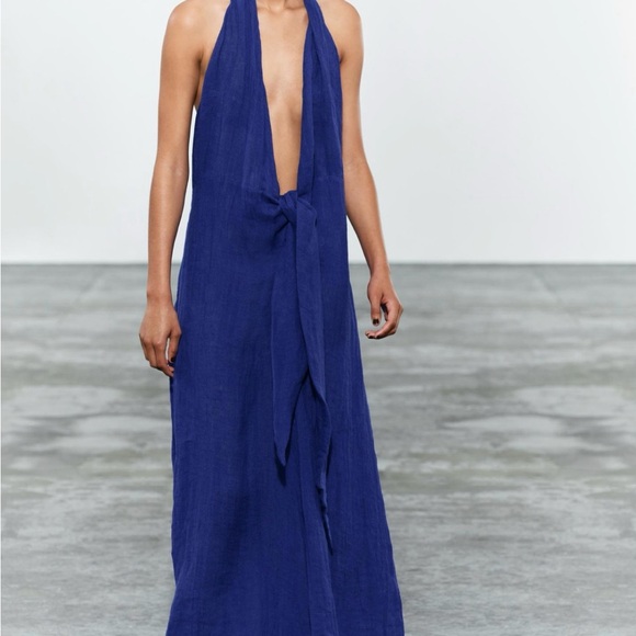 Zara | Dresses | Zara Blue Halter Linen Maxi Dress | Poshmark